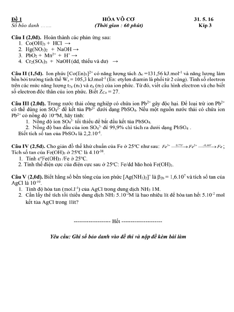 Đề thi hóa vô cơ | PDF