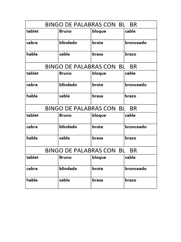 Bingo de Palabras con BL y BR | PDF | Vegetales