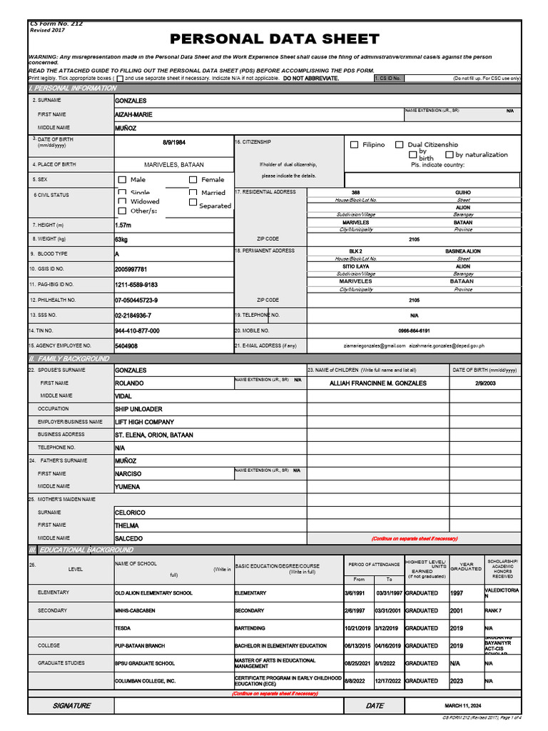 CS Form No. 212 Personal Data Sheet Revised Long | PDF | Teachers