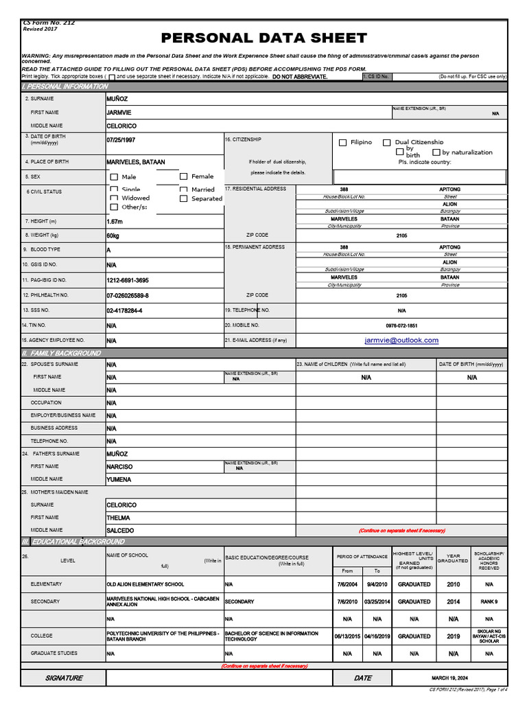 CS Form No. 212 Personal Data Sheet Revised Long JARMVIE | Download Free PDF | Justice | Crime ...