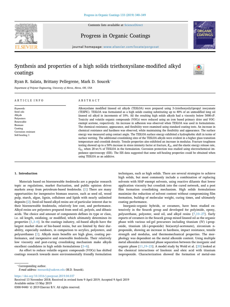 Synthesis and Properties of A High Solids Triethoxysilane-Modified Alkyd Coatings | PDF ...