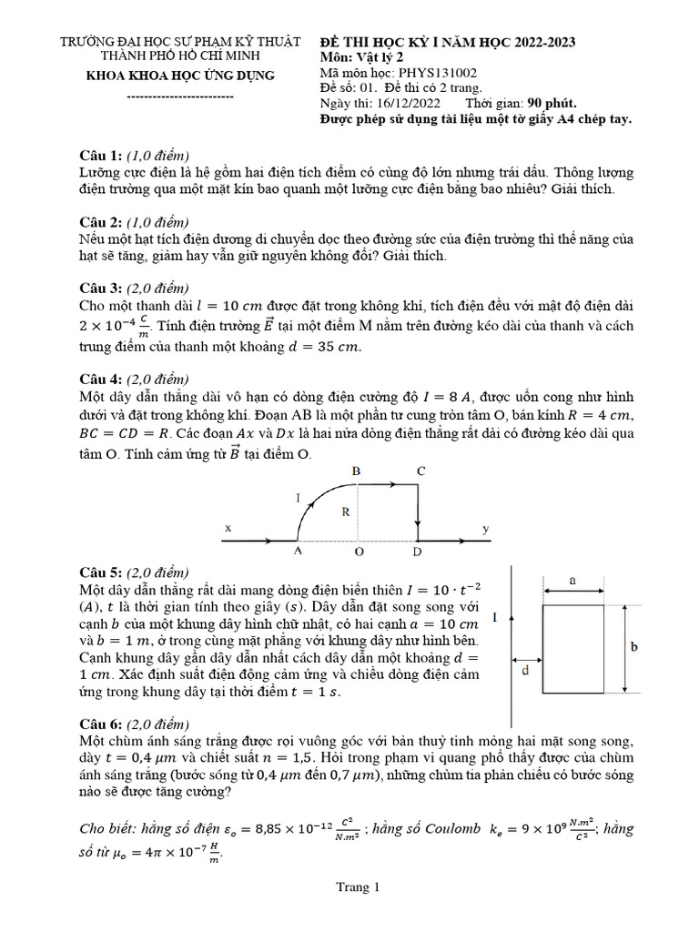 Vat Ly 2 - PHYS131002 - HKI 2022 2023 - Dai Tra | PDF