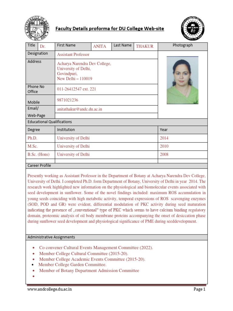 CV - Dr. Anita Thakur | PDF | Botany | Reactive Oxygen Species
