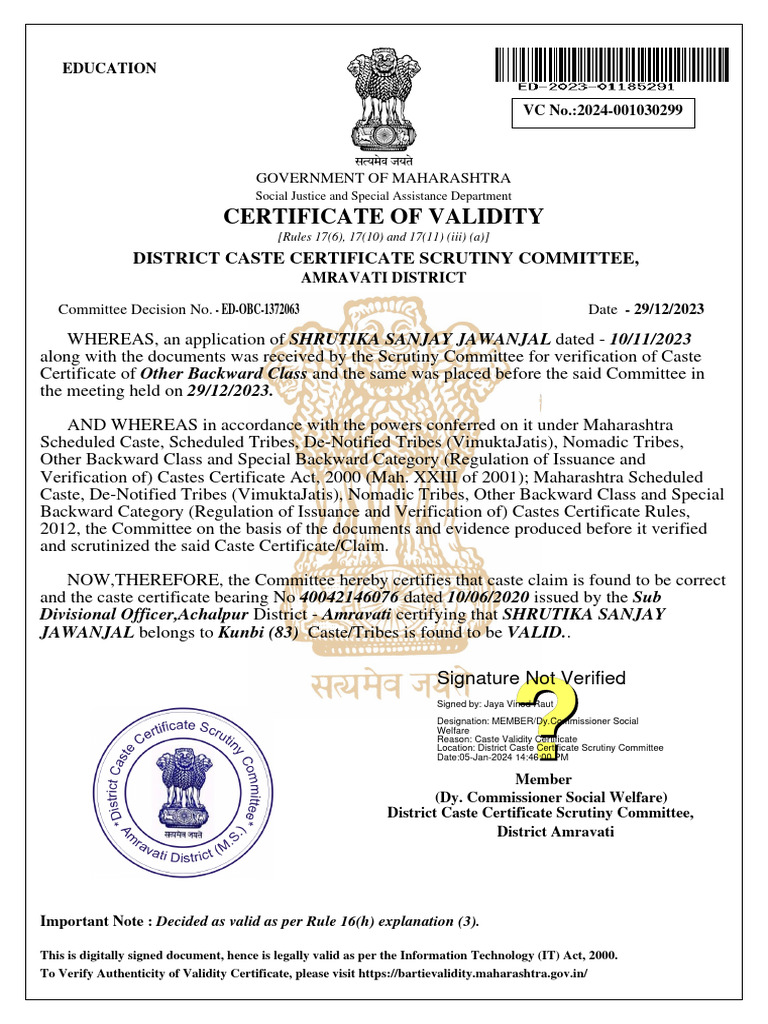Validity Certificate for Caste Claim | PDF