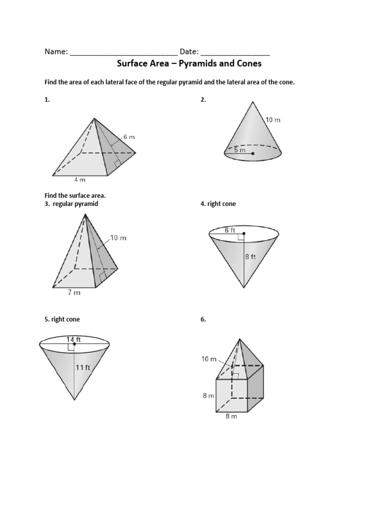 Surface Area - Pyramids and Cones: Name: - Date | PDF | Area | Sphere