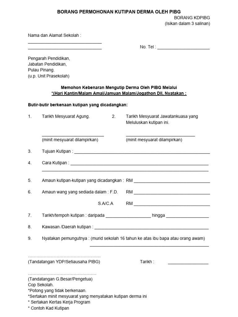 Format Borang Permohonan Kutipan Derma Oleh Pibg | PDF
