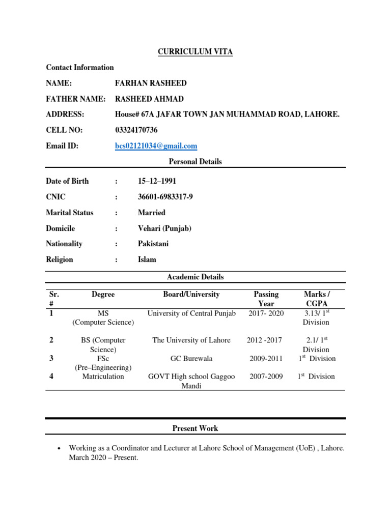 Farhan Rasheed CV | PDF