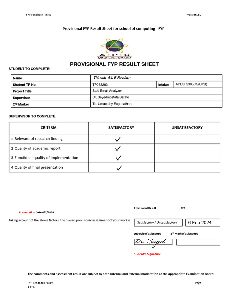 FYP Result Sheet for Computing Students | PDF