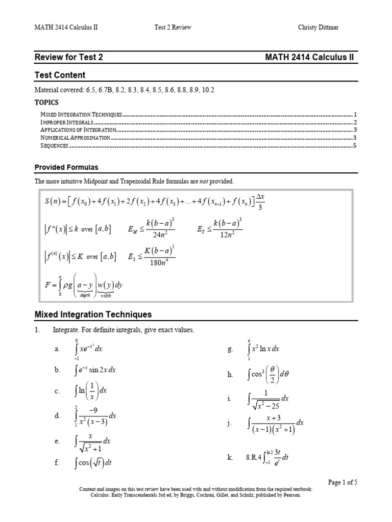 Test 2 Review MATH 2414 | PDF | Integral | Calculus