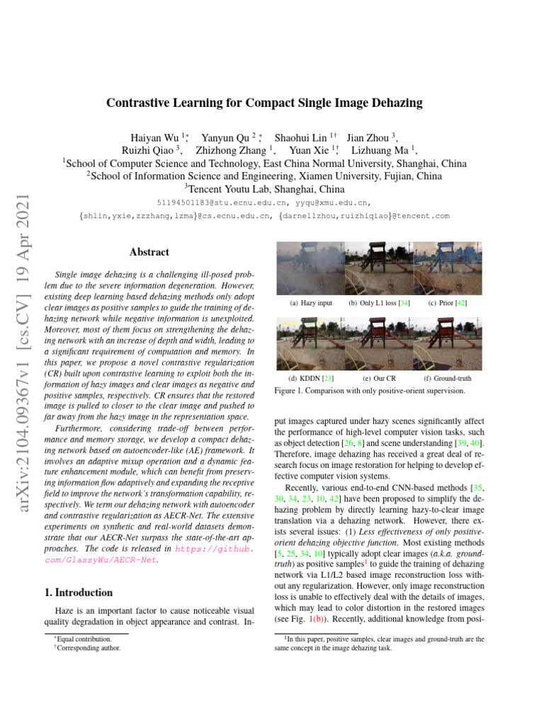 2021 Cvpr Contrastive Learning For Compact Single Image Dehazing Pdf Deep Learning