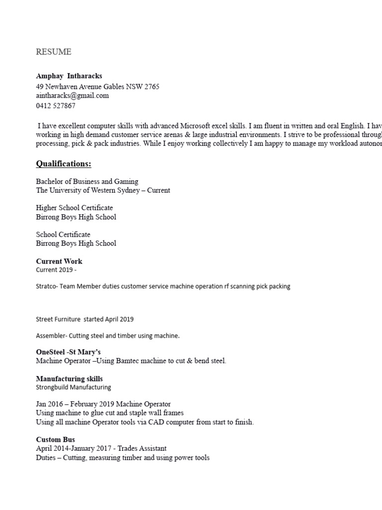 Customer Service & Machine Operator Resume | PDF | Secondary Sector Of ...