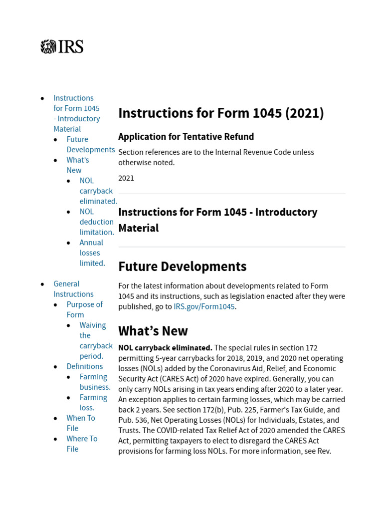 Instructions For Form 1045 (2021) - Internal Revenue Service | PDF ...
