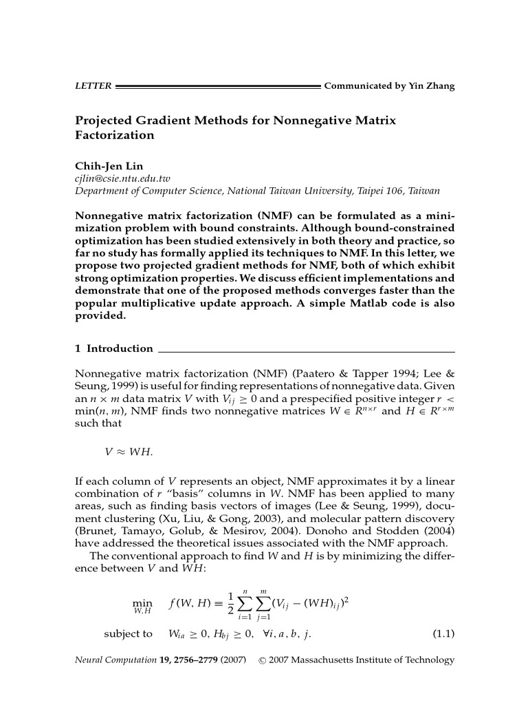 Projected Gradient Methods For Nonnegative Matrix | Download Free PDF | Mathematical ...