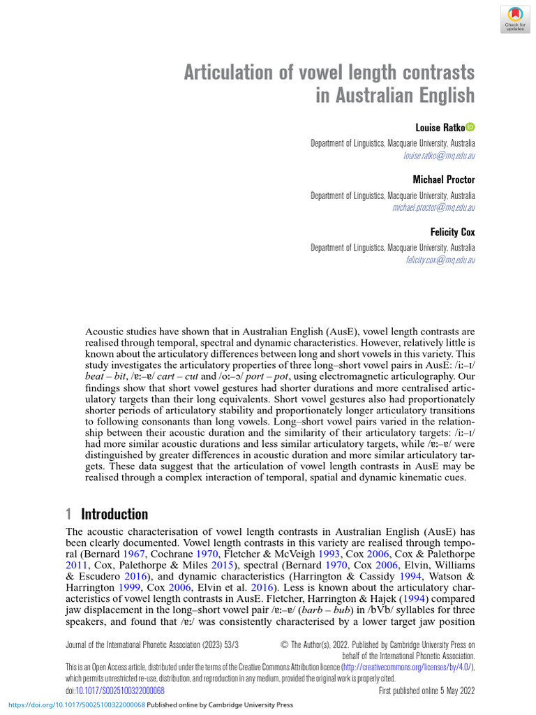 Articulation of Vowel Length Contrasts in Australian English | PDF ...