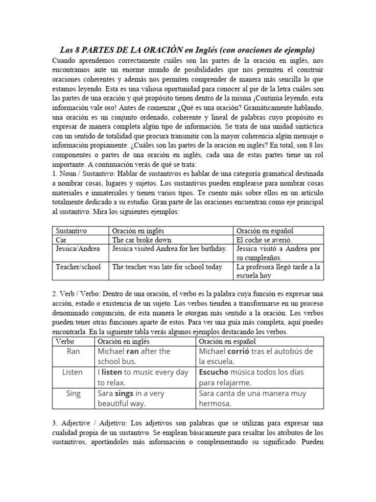 Partes de la Oración en Inglés | PDF | Oración (Lingüística) | Verbo