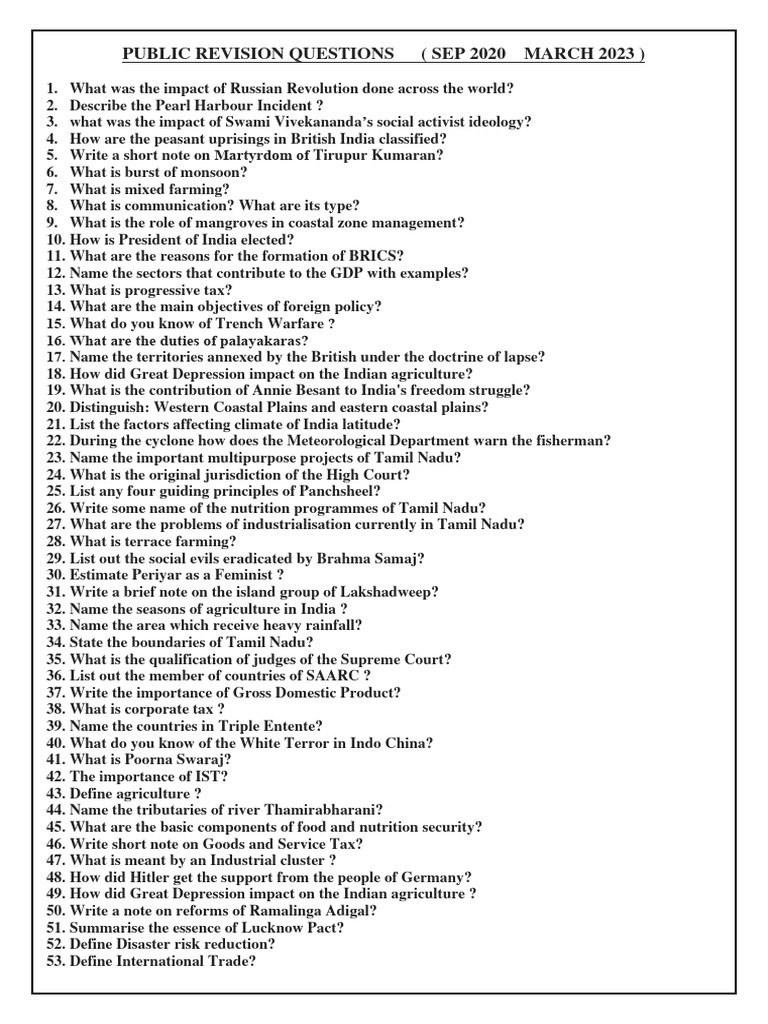 Public Revisions Questions Only | PDF | Tamil Nadu | Economies