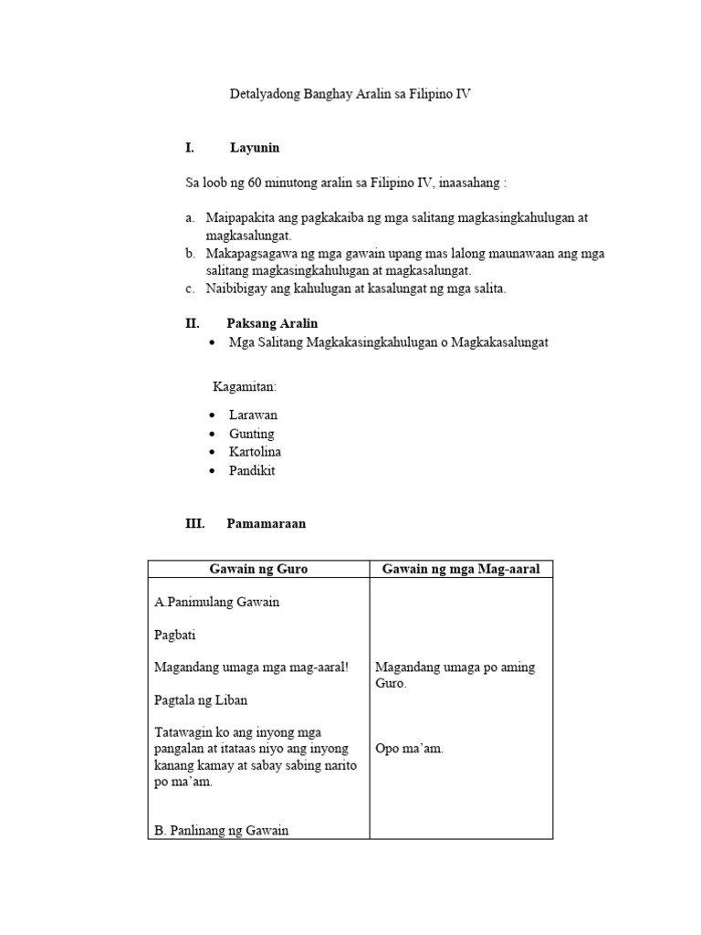 Detalyadong Banghay Aralin Sa Filipino IV | PDF