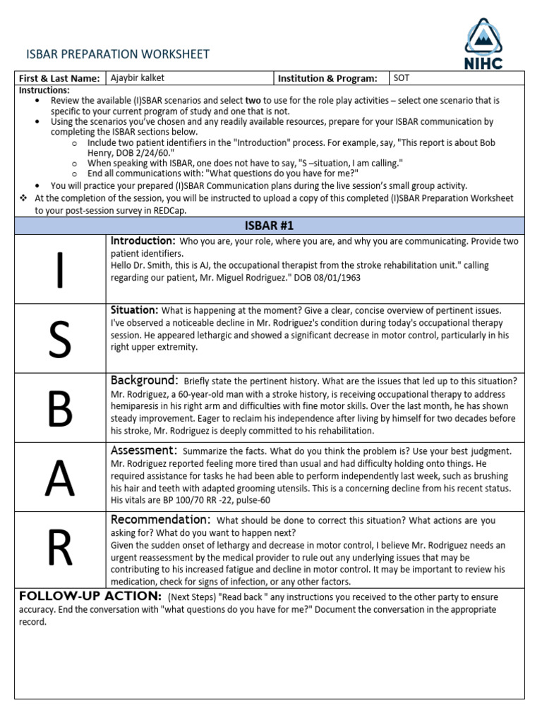 Isbar Preparation Worksheet | PDF | Physical Therapy | Occupational Therapy