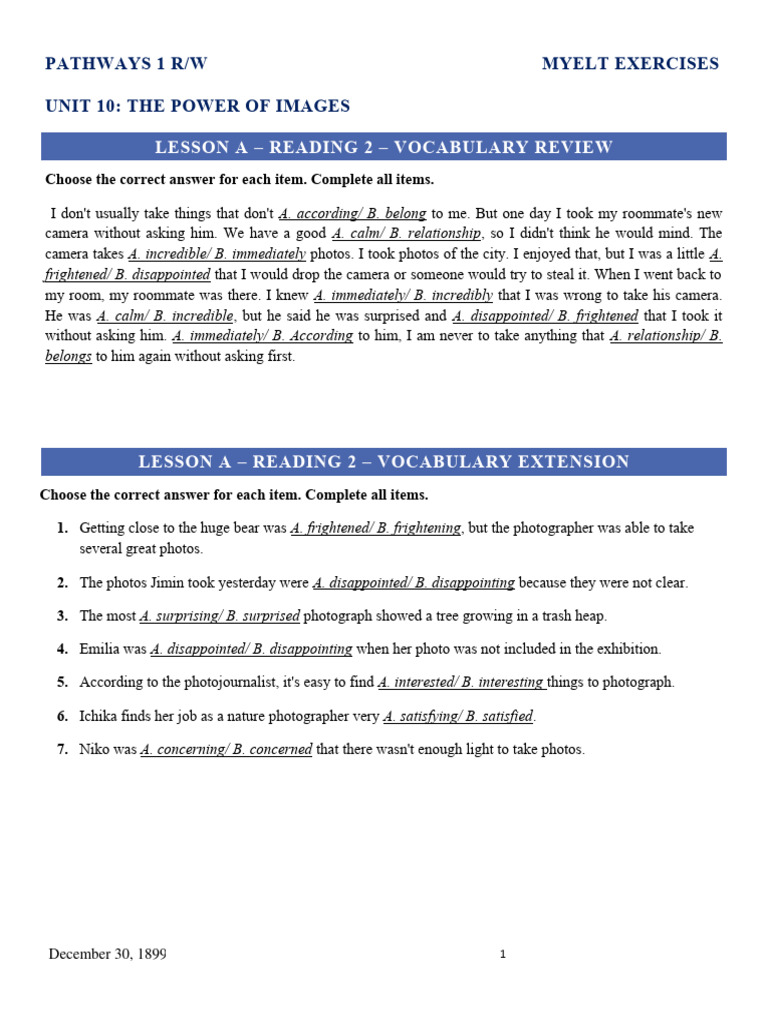 MyELT - PW1 - U10 - RW - Lesson B - Reading 2 | PDF | Photograph | Image