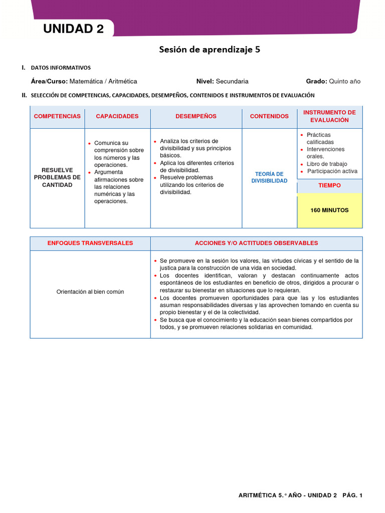 5° U2 - Aritmética - Sesión de Aprendizaje 5 | PDF | Evaluación | Enseñando