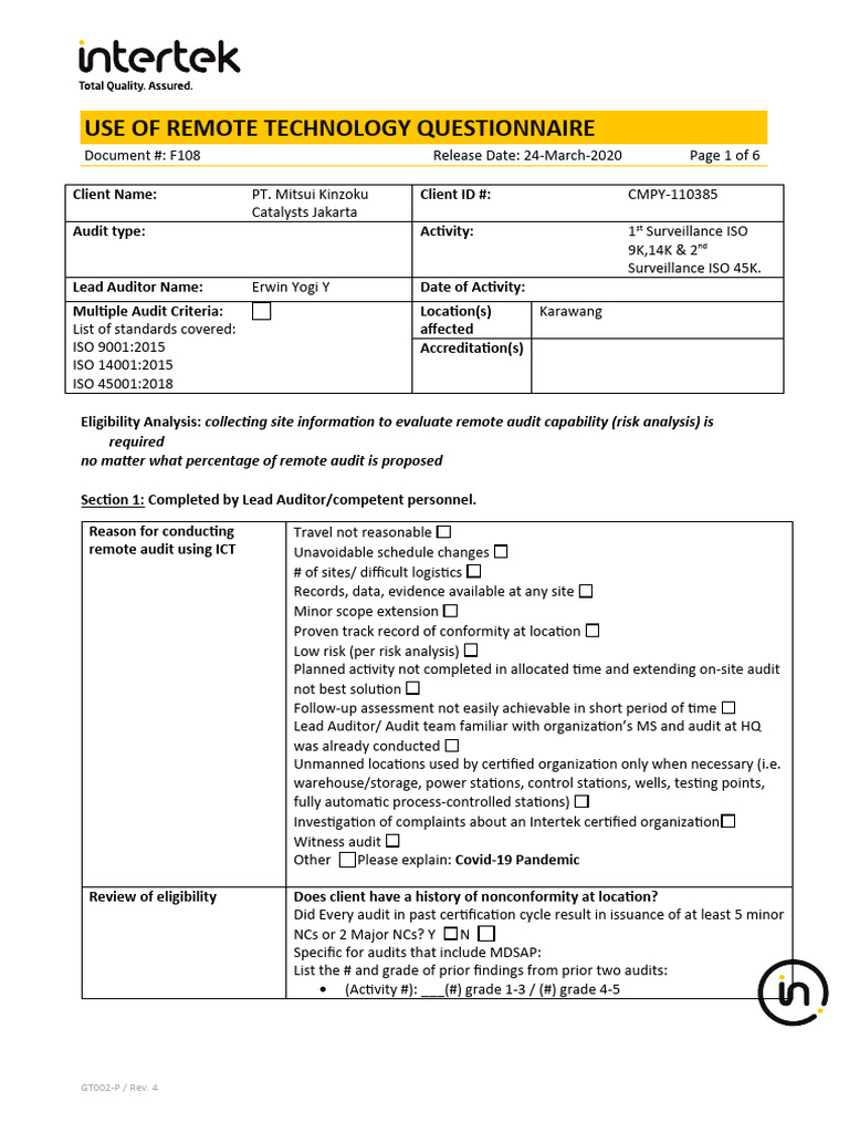 F108 Use of Remote Technology Questionnaire | PDF | Audit | Risk