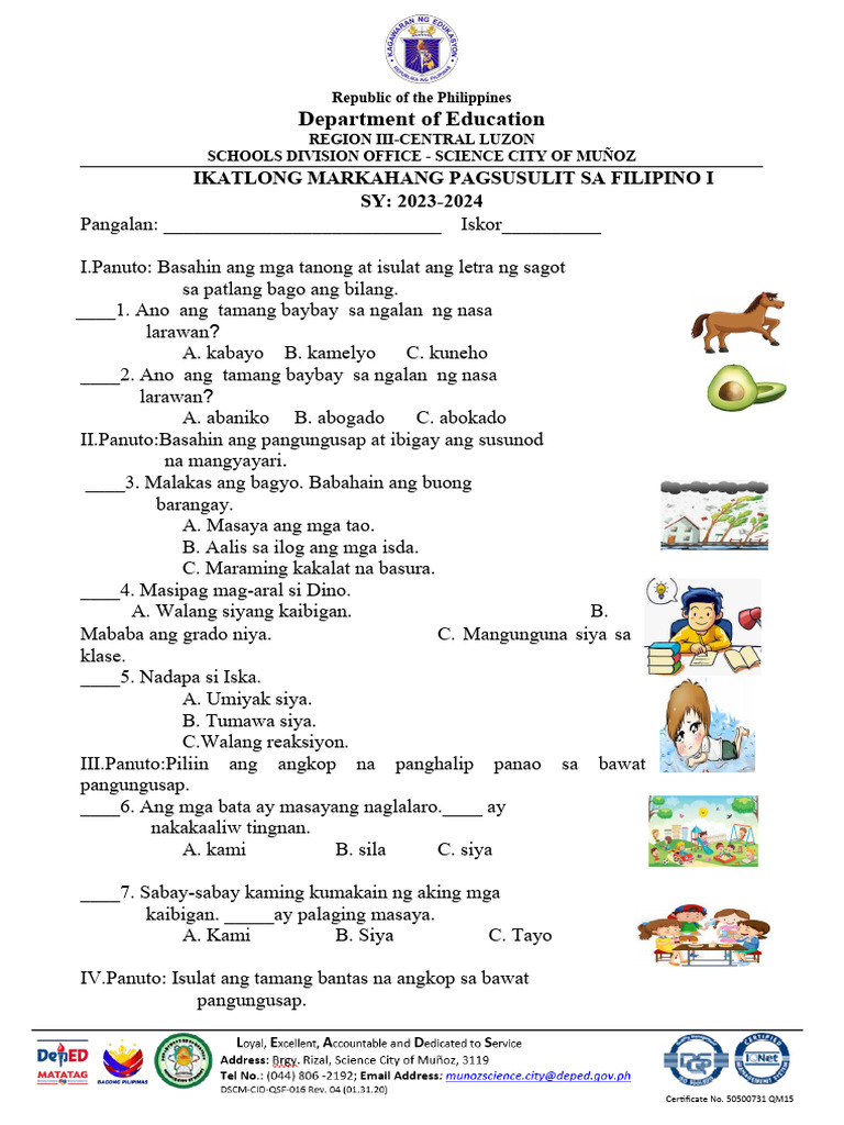 FILIPINO I 3rd Quarter Assessment Tool v2.3 | PDF