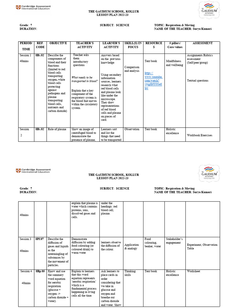 Gr7 CIE LP Respiration and Moving | PDF | Respiratory System | Diffusion