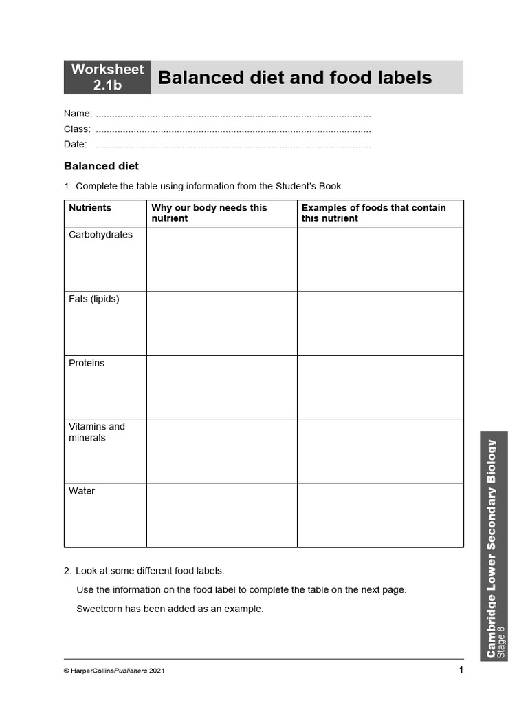 Balanced Diet and Food Labels Worksheet | PDF | Food Energy | Foods