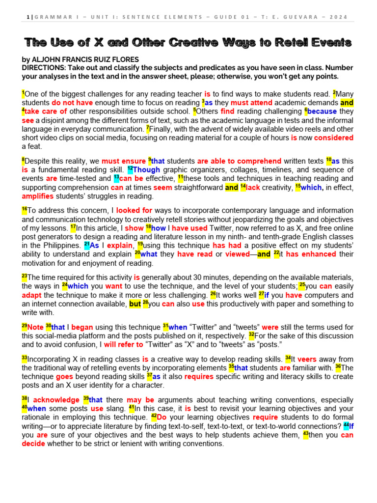 GUIDE 01 SOLUTION-SENTENCE ELEMENTS (Identifying Subjects Predicates ...