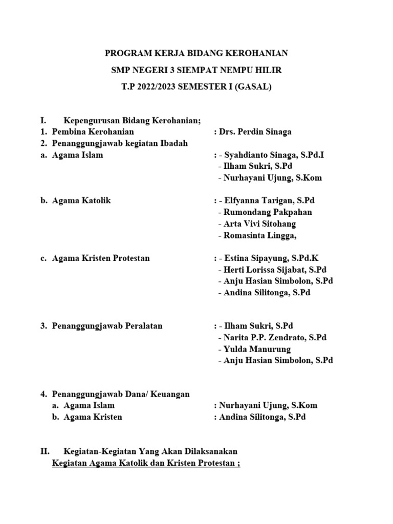 Program Kerja Bidang Kerohanian | PDF