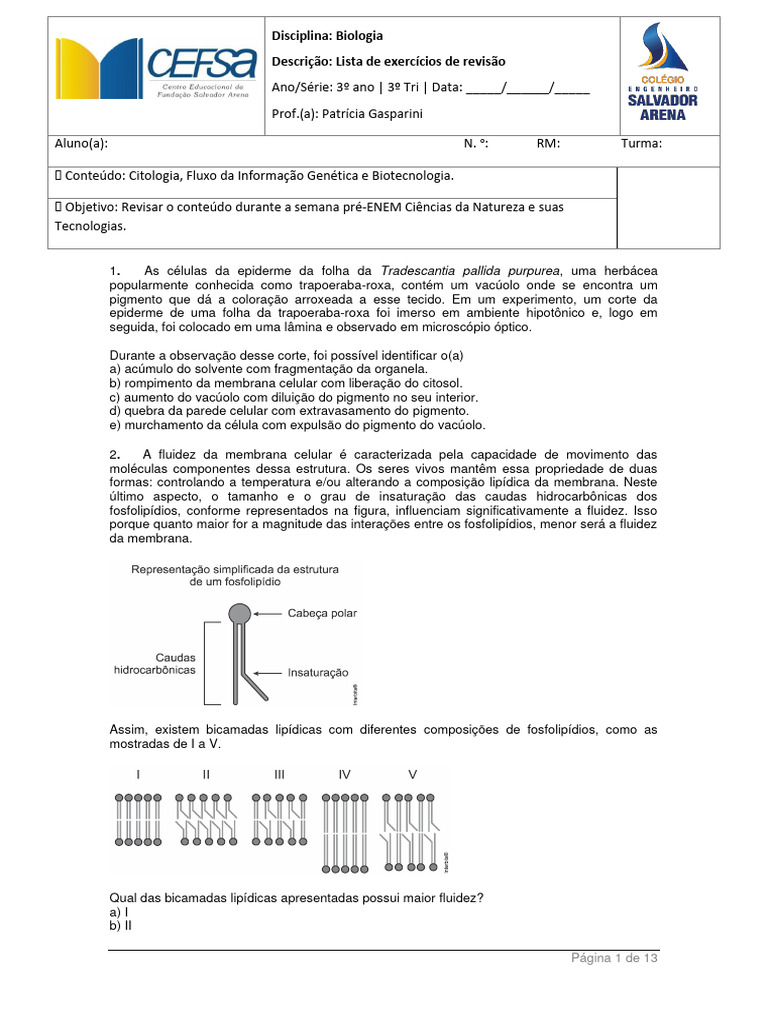 Lista de Exercícios - Citologia e Biotec | PDF | Gene | Célula (Biologia)