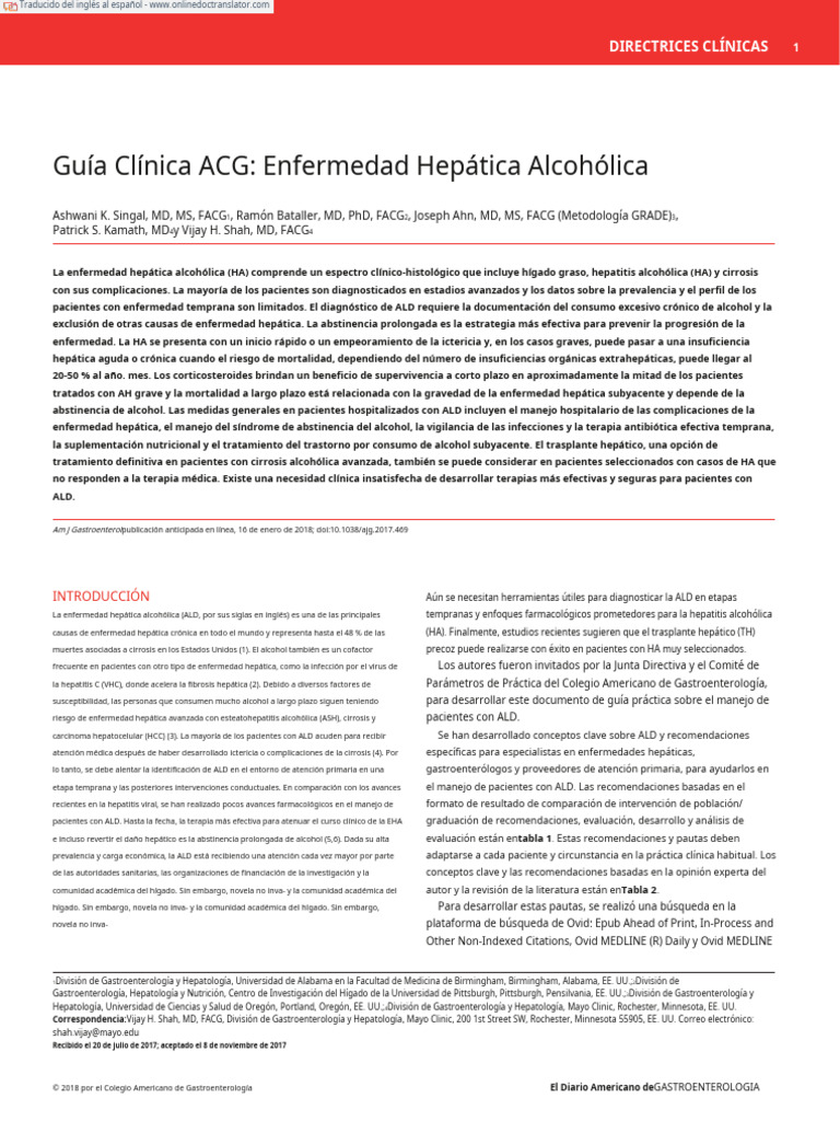 Hepatopatía Alcohólica Guías ACG 2018 .En - Es | PDF | Cirrosis | Alcoholismo