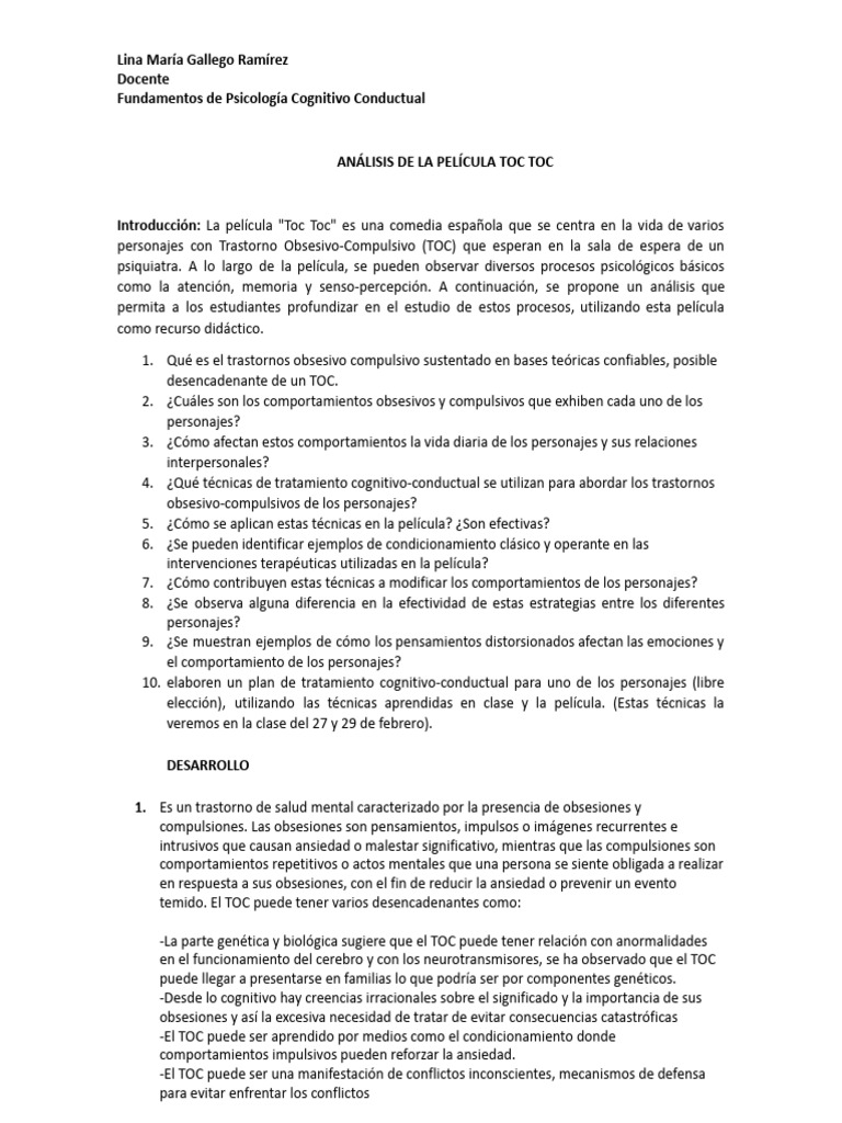 Análisis de La Película Toc Toc | PDF | Desorden obsesivo compulsivo | Terapia de conducta cognitiva