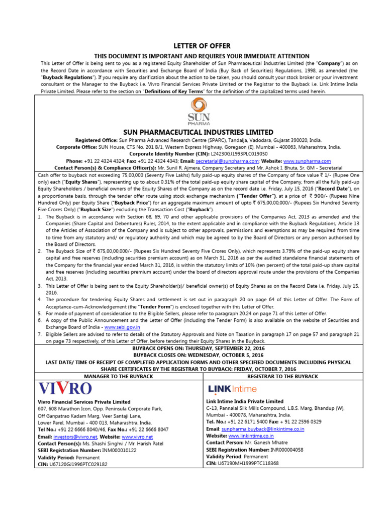 Sun Pharma Equity Share Buyback Offer | PDF | Share Repurchase | Stocks