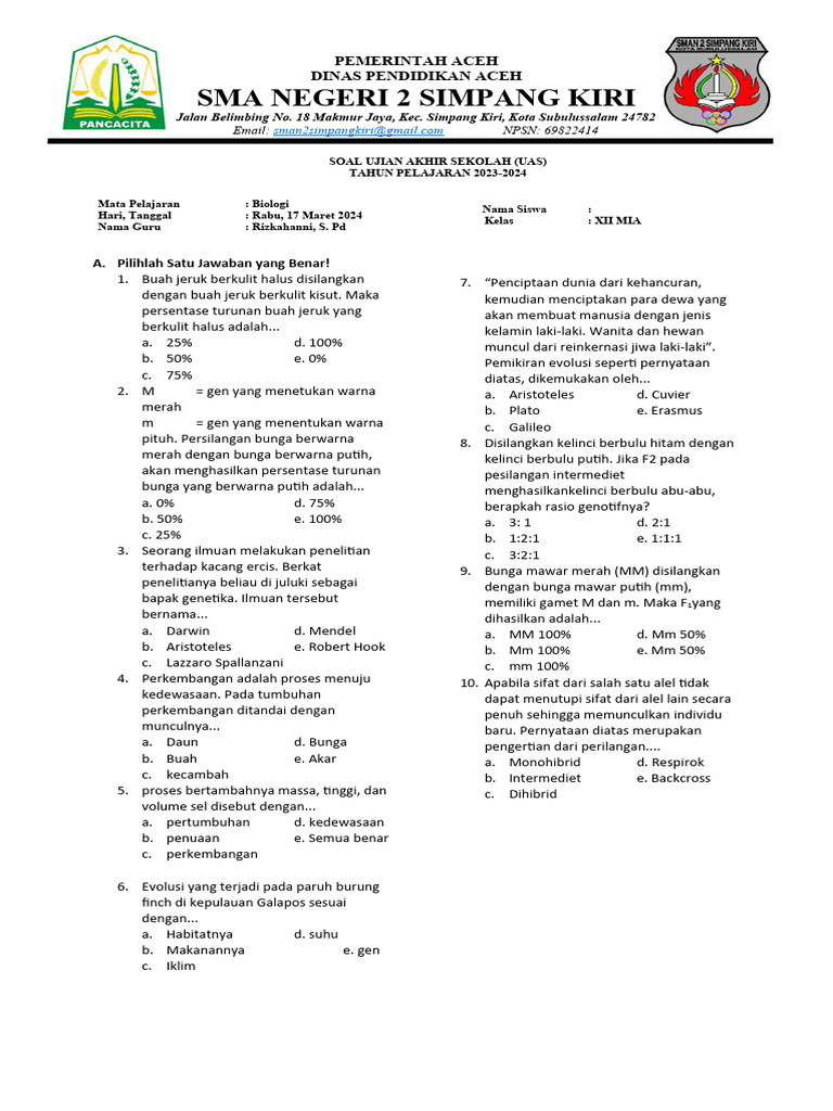Soal Uas Bio Kelas Xii | PDF