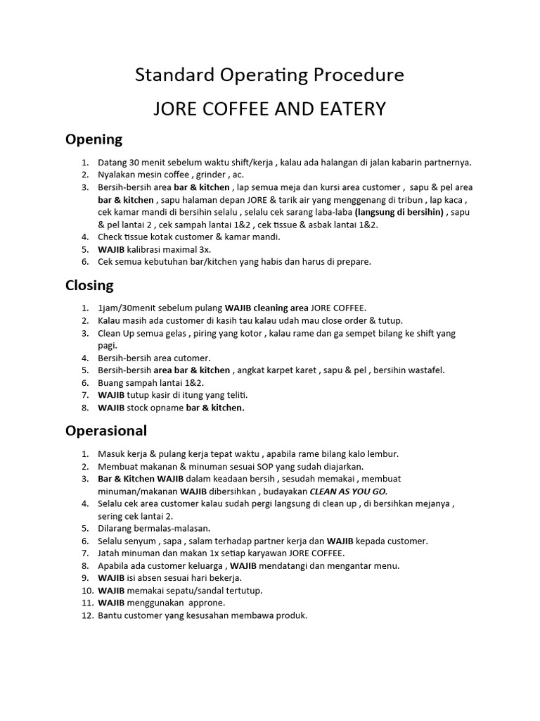 Standard Operating Procedure Coffee | PDF