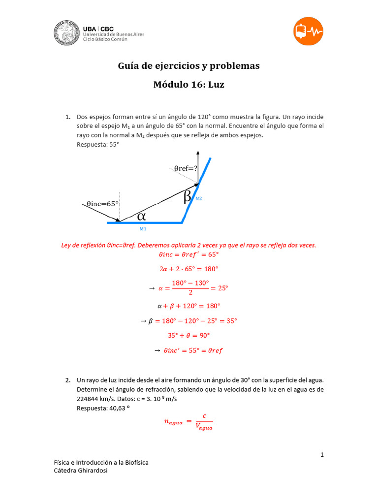 MÓDULO 16. Guía Resuelta de Ejercicios y Problemas (2024) | PDF | Refracción | Ligero