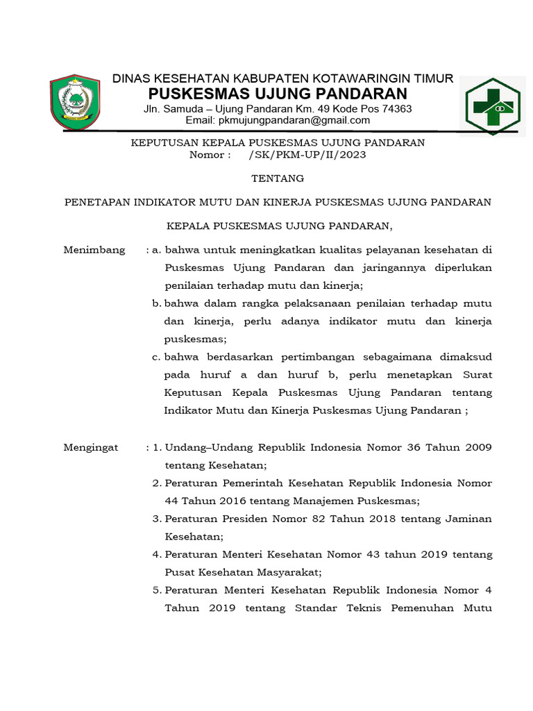 DRAFT SK - Penetapan Indikator Mutu & Kinerja Puskesmas Ujung Pandaran Tahun 2023 | PDF ...