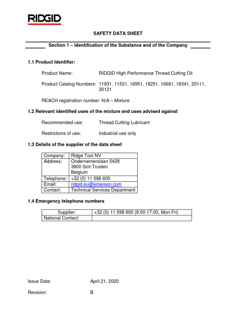 RIDGID High Performance Cutting Oil SDS | PDF | Firefighting | Toxicity
