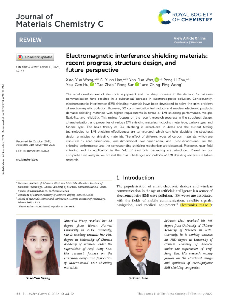EMI Shielding Materials Review | PDF | Electromagnetic Radiation | Electromagnetic Interference