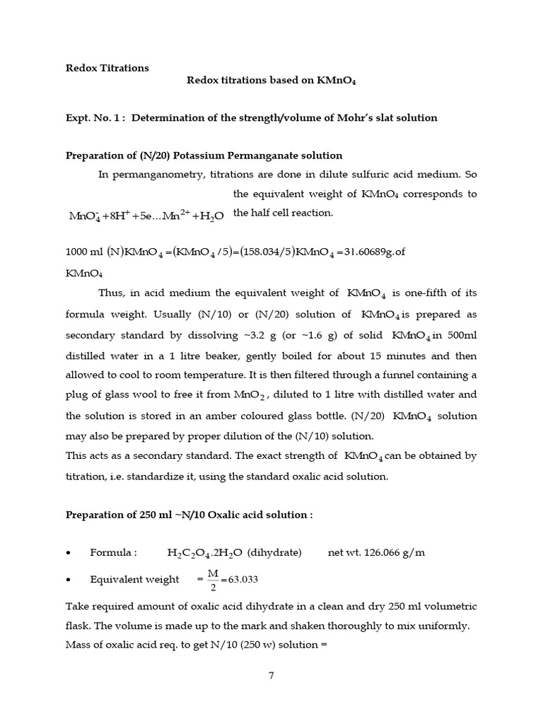 Expt 1 Redox Titration Based On Kmno4 Pdf Titration Chemistry