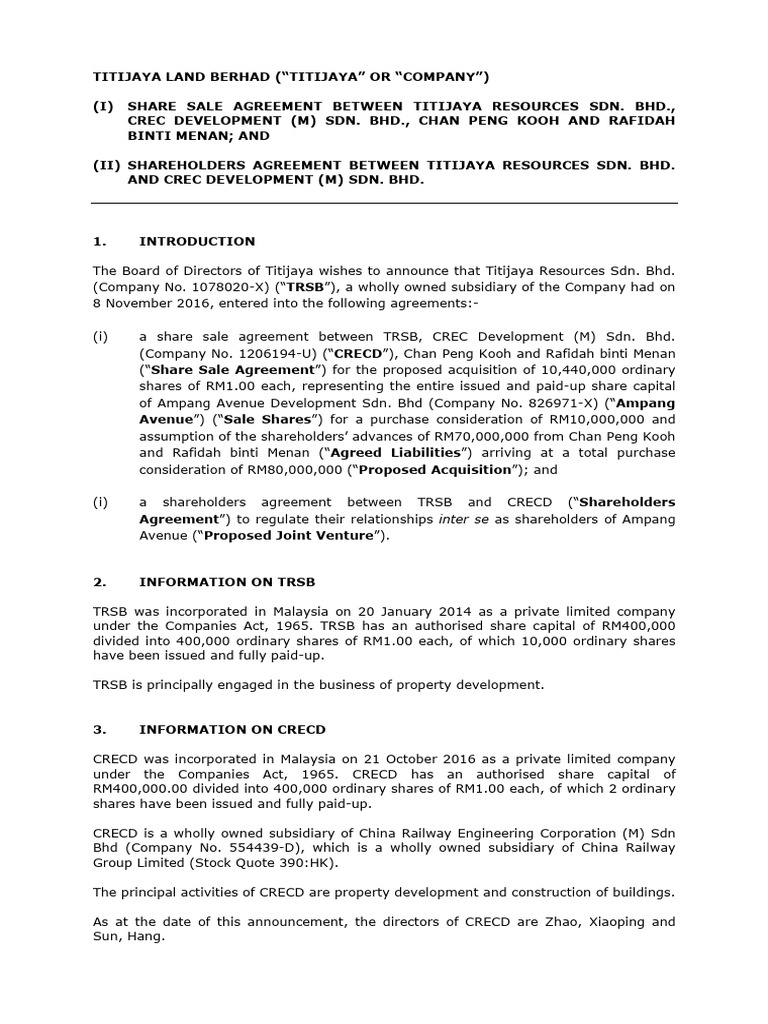 Share Sale Agreement and Shareholder Agreement | PDF | Mergers And ...