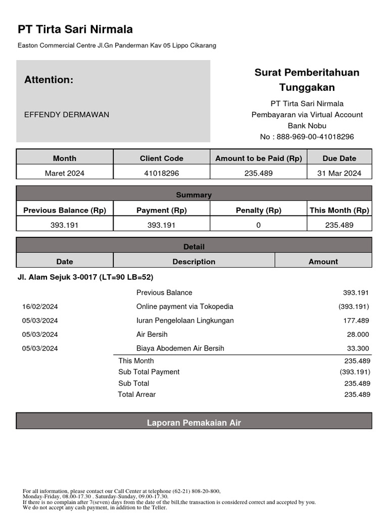 Tagihan IPL Air Bulan Maret 2024 | PDF