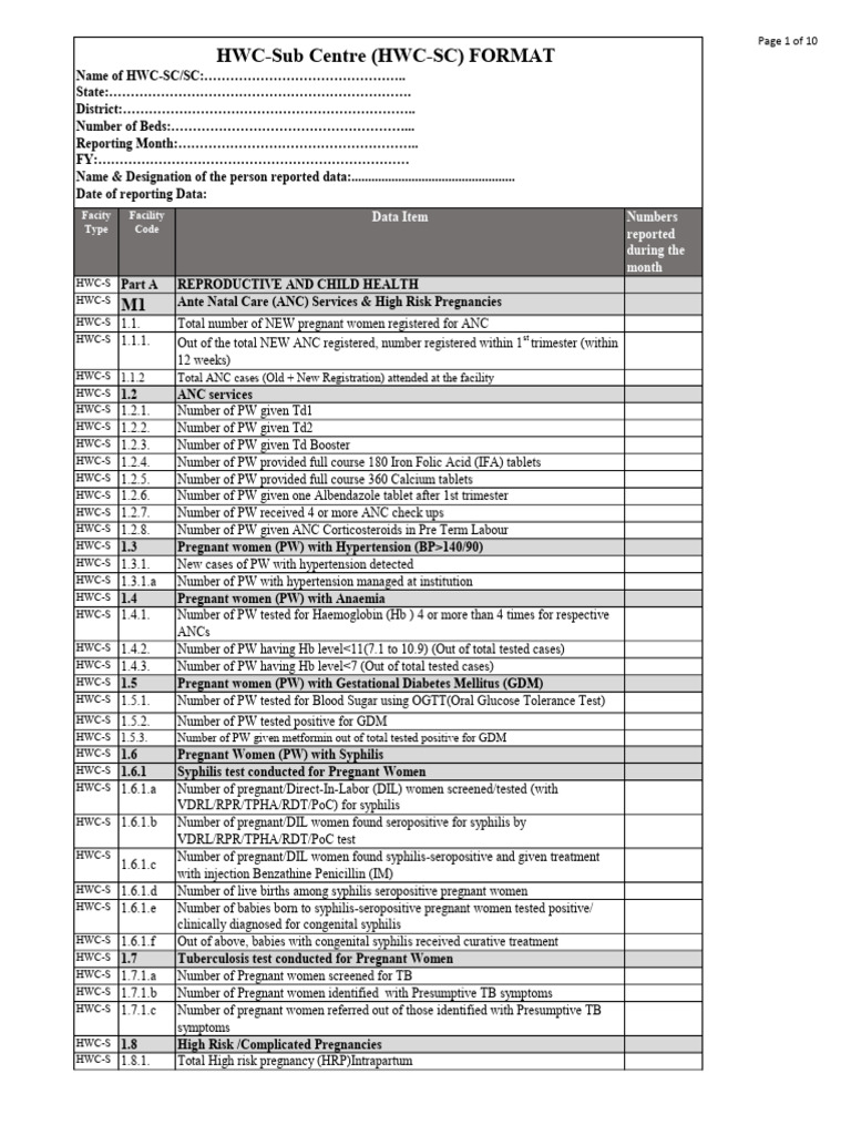 Hwc Sub Centre Hwc Sc Format Service Delivery Pdf Patient
