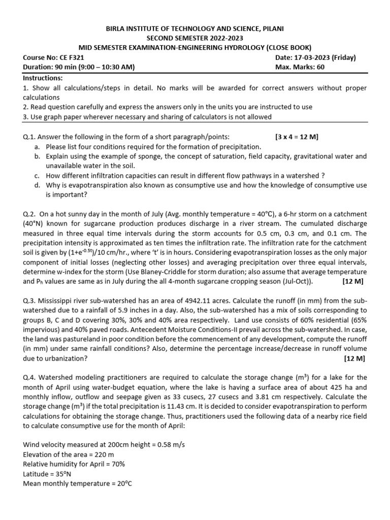 Waste Water Treatment 2023 Mid Sem Question Paper | Download Free PDF | Discharge (Hydrology ...