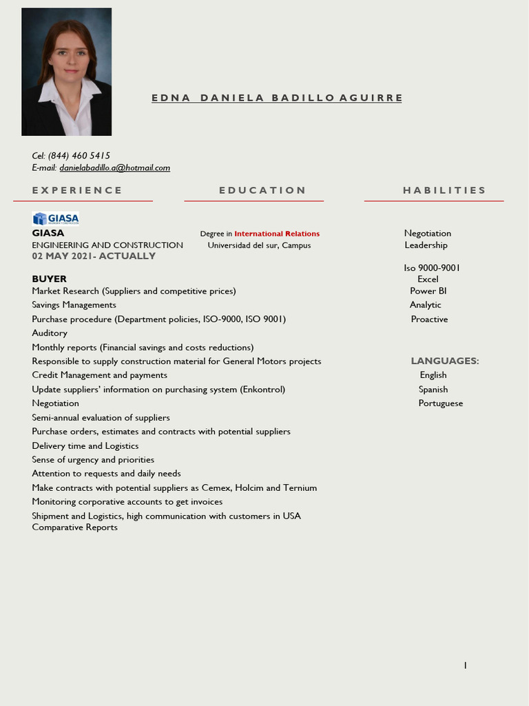 Currículum Vitae Daniela Badillo 2021 English | PDF | Supply Chain | Iso 9000