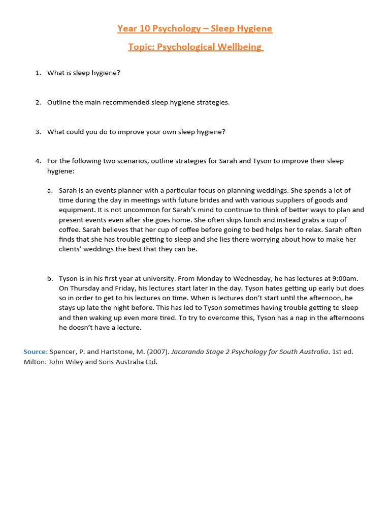 Sleep Hygiene Worksheet - Year 10 Psychology | PDF | Self-Improvement