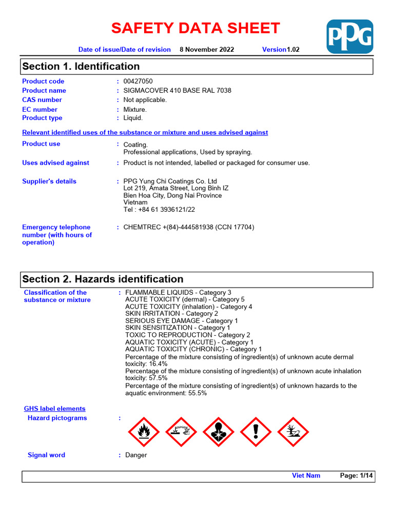 SigmaCover 410 Safety Data Sheet | PDF | Toxicity | Waste