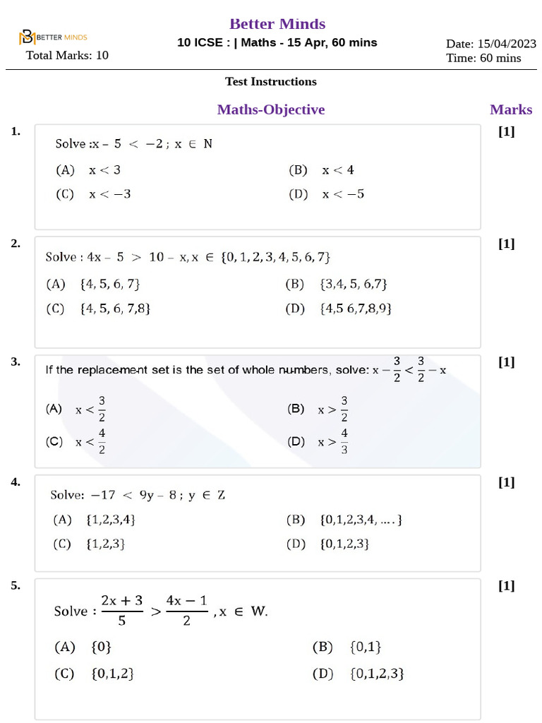 Class 10 ICSE Maths Linear Inequations | PDF