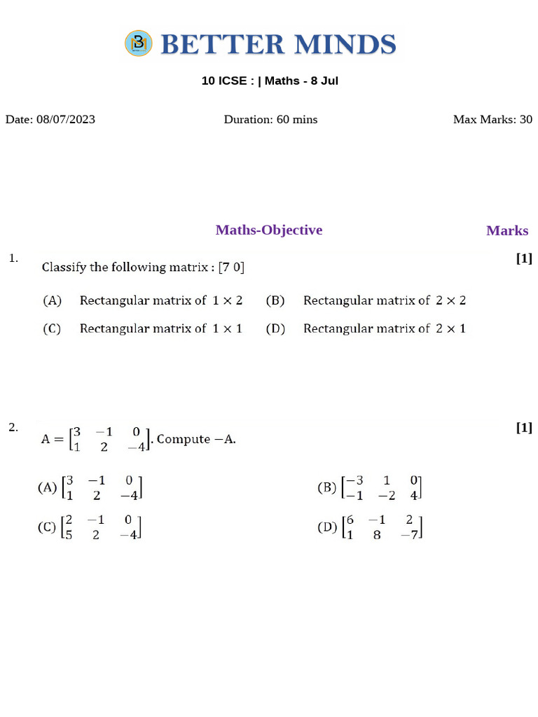 Class 10 ICSE Maths Matrices Test | PDF